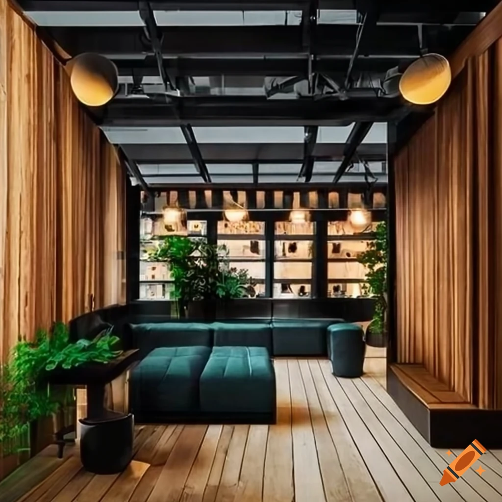 Modern and stylish office lounge with wooden furniture and green plants ...