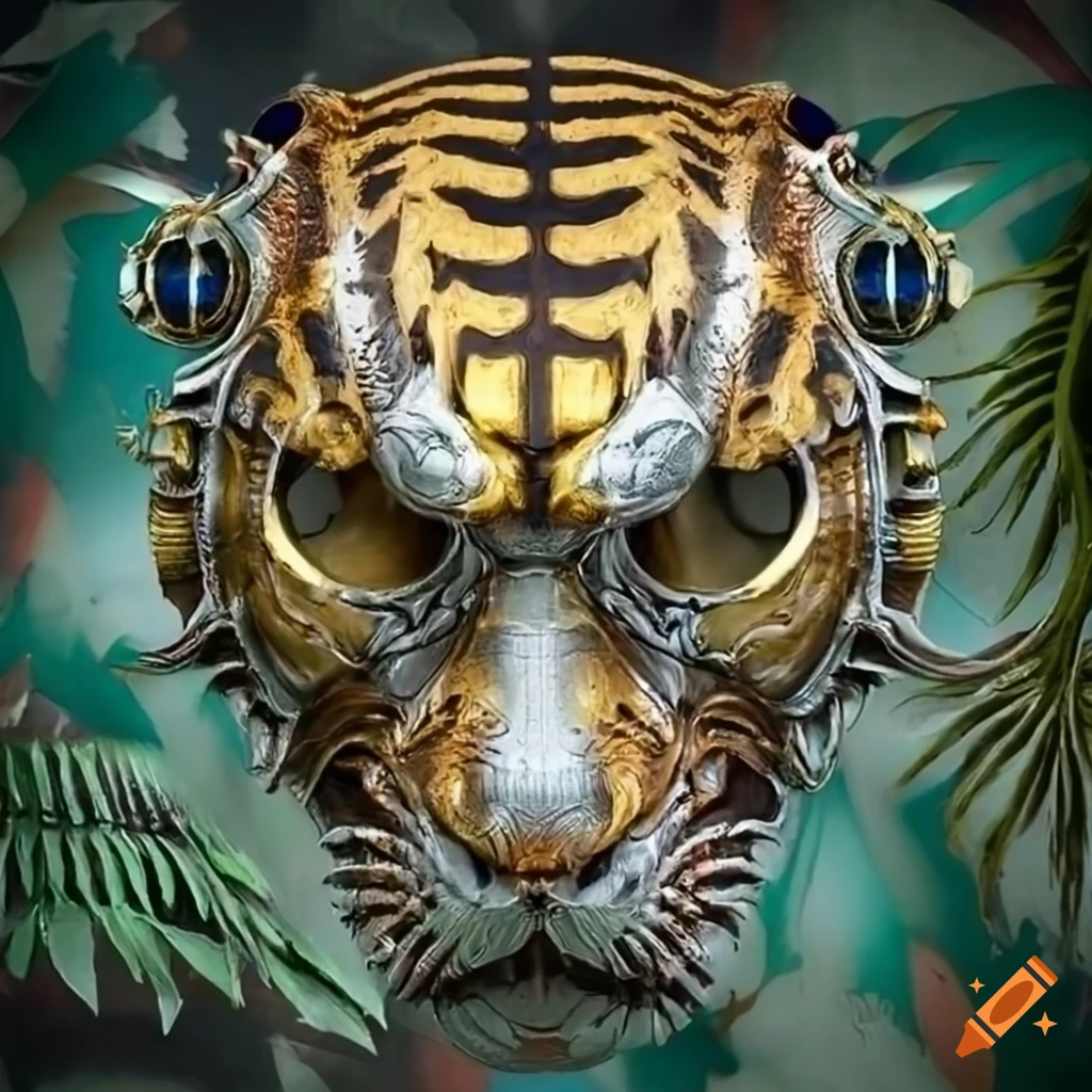 Chrome biomechanical tiger death mask on jungle background on Craiyon