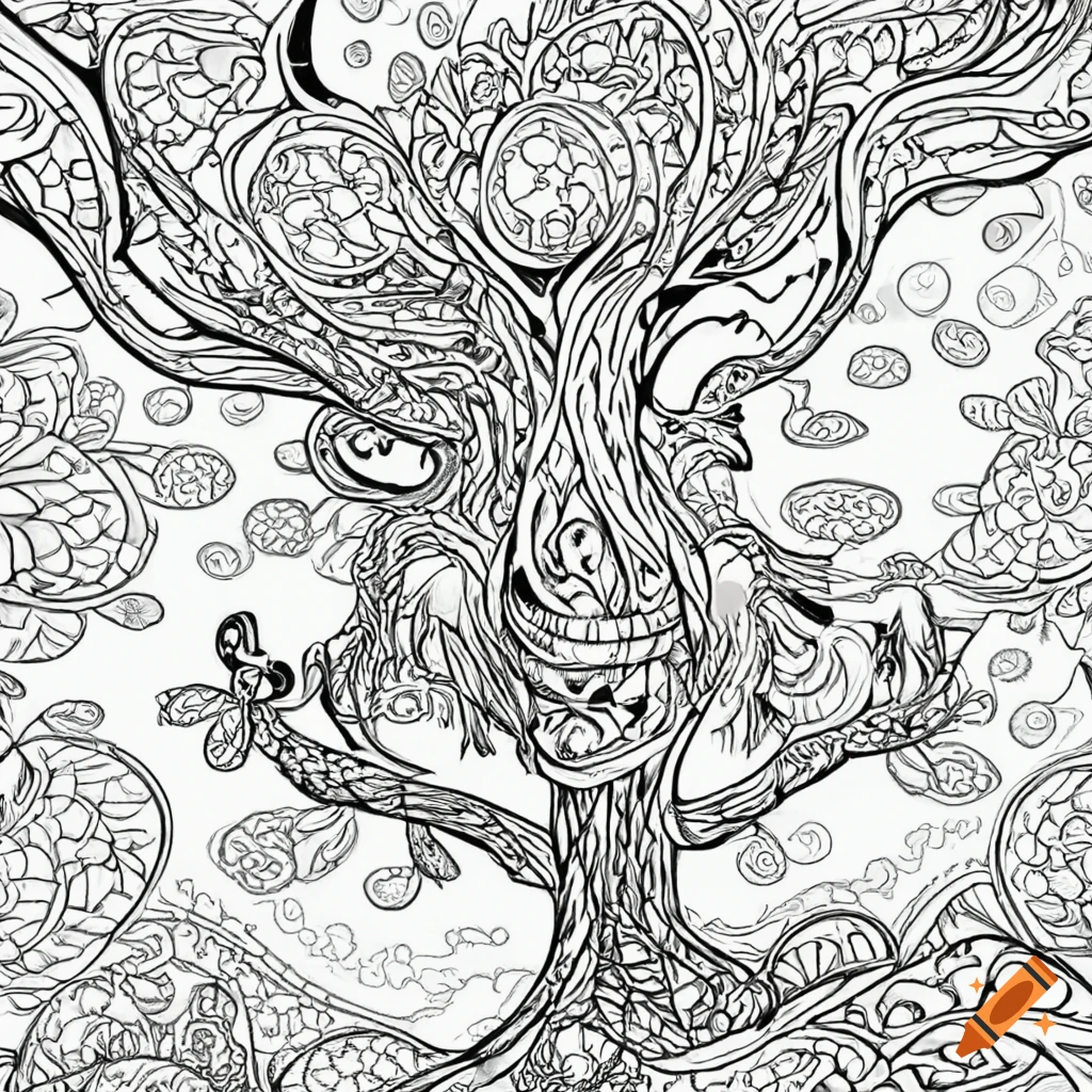 Coloring book illustration of a mystical forest with magical creatures ...