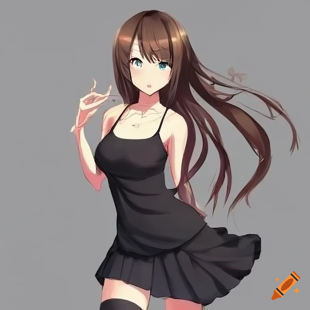 Full body visual novel character sprite of a girl with long brown hair ...
