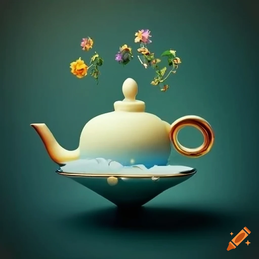 Artistic portrayal of a floating teapot in a colorful meadow on Craiyon
