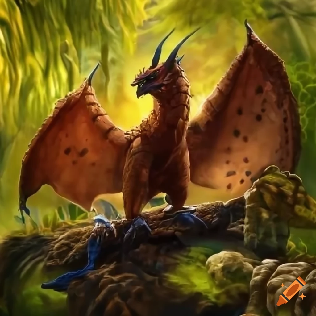 Digital artwork of a majestic orange wyvern in a vibrant cave on Craiyon