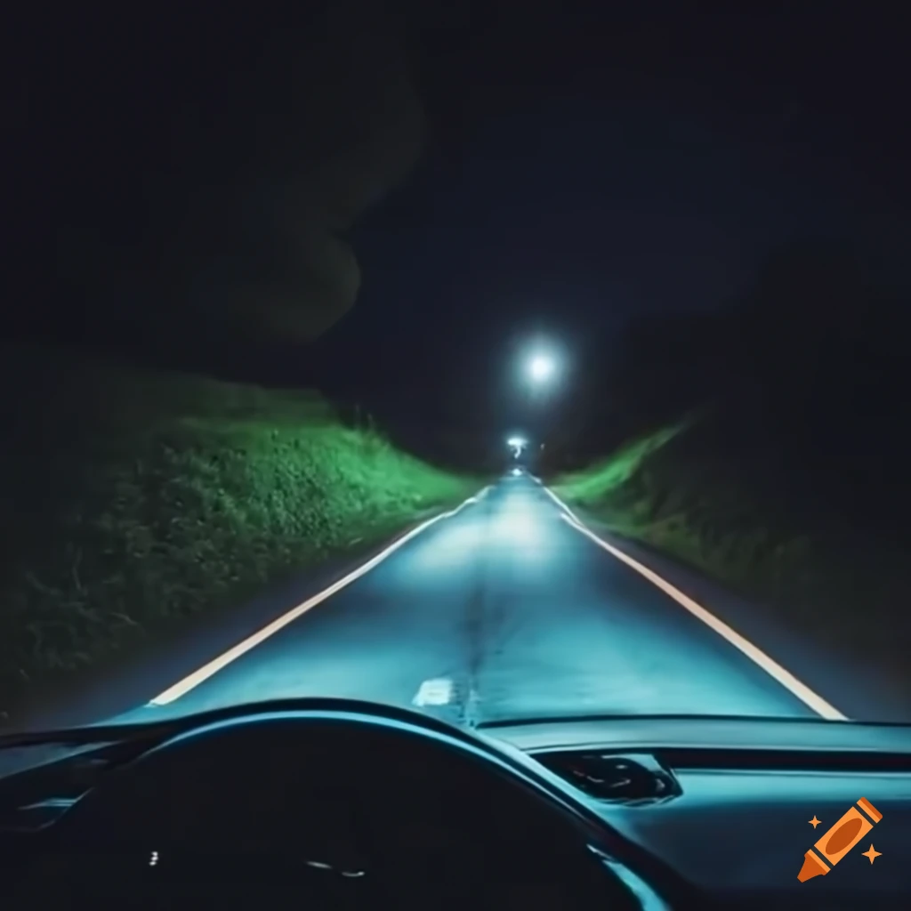 Couple driving on a dark country road at night on Craiyon