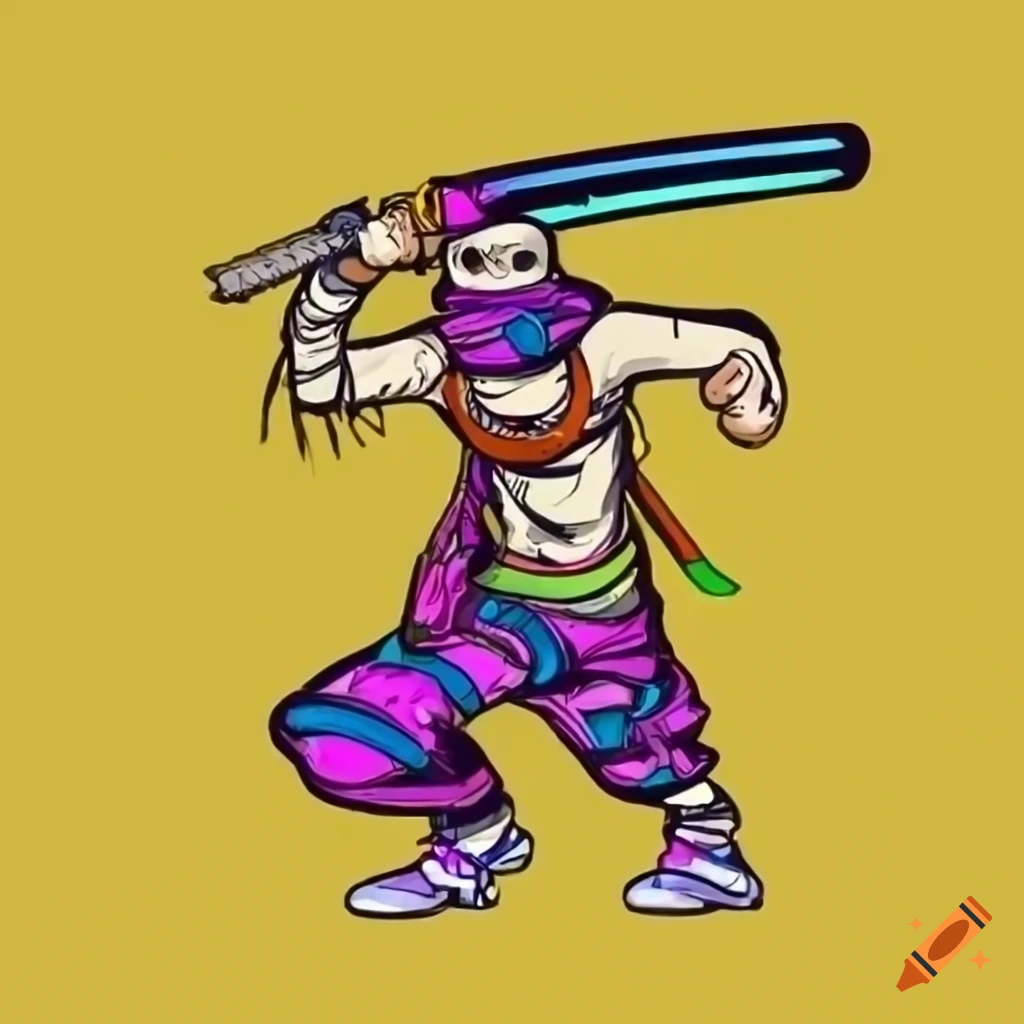 Graffiti character with phat pants and katana sword on Craiyon