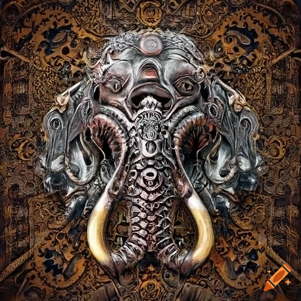 Chrome biomechanical elephant steampunk death mask on textured ...