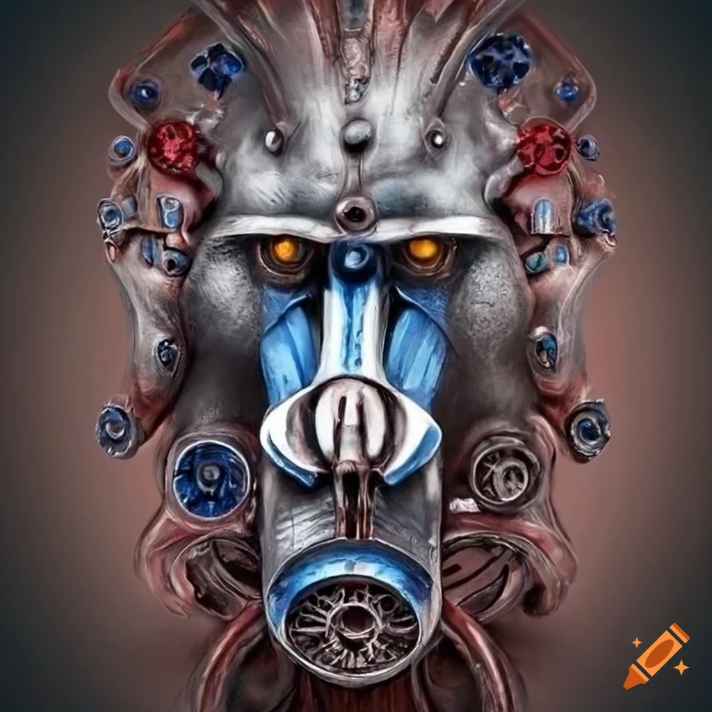 Biomechanical mandrill steampunk death mask on african background on ...