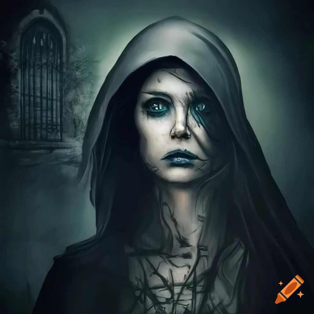 Eerie artwork of the grim reaper and a beautiful woman on Craiyon