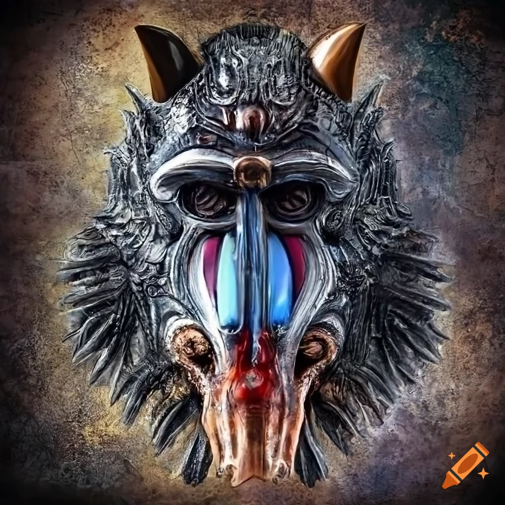 Chrome steampunk mask of a biomechanical mandrill on Craiyon