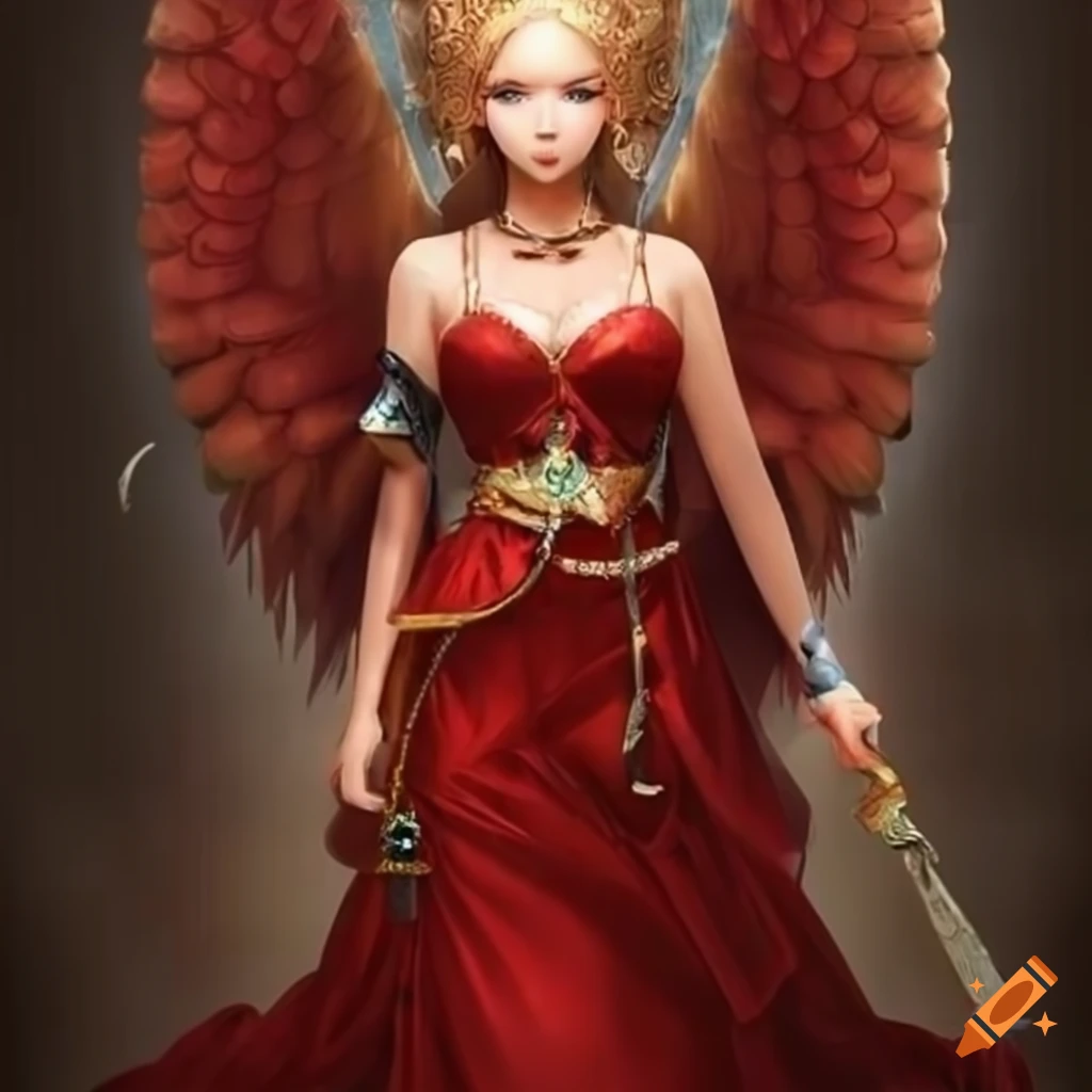 Cosplay of an archangel with jewels and a crimson dress on Craiyon