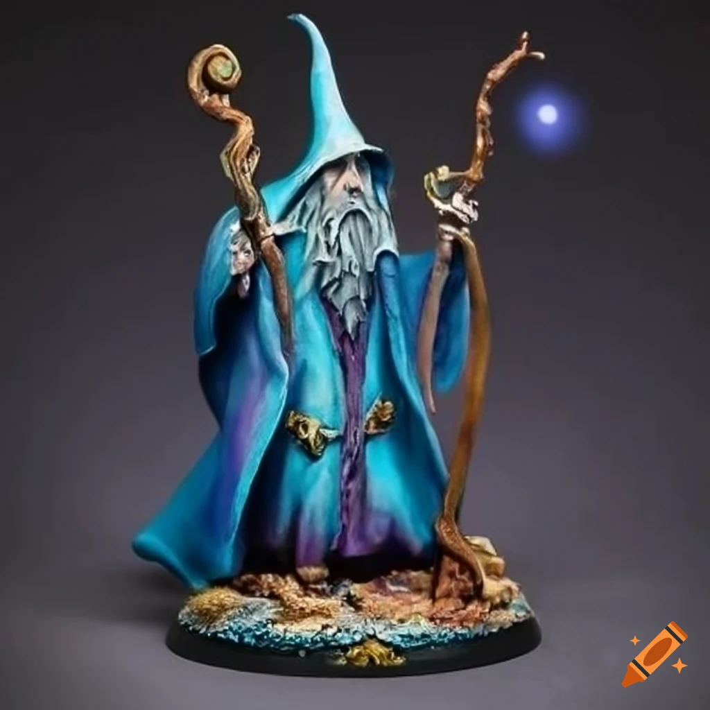 Resin model of a dark fantasy wizard with blue robe and magical staff ...