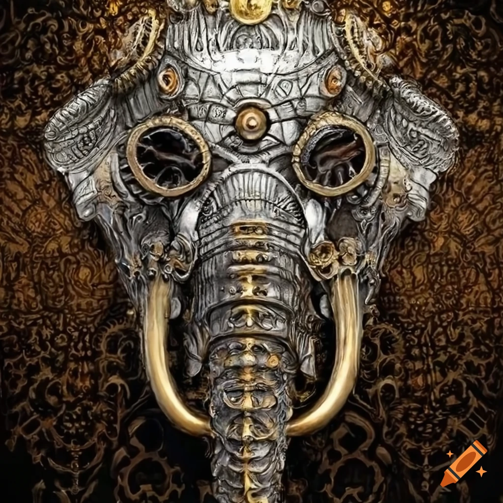 Chrome biomechanical elephant steampunk death mask on textured background on Craiyon
