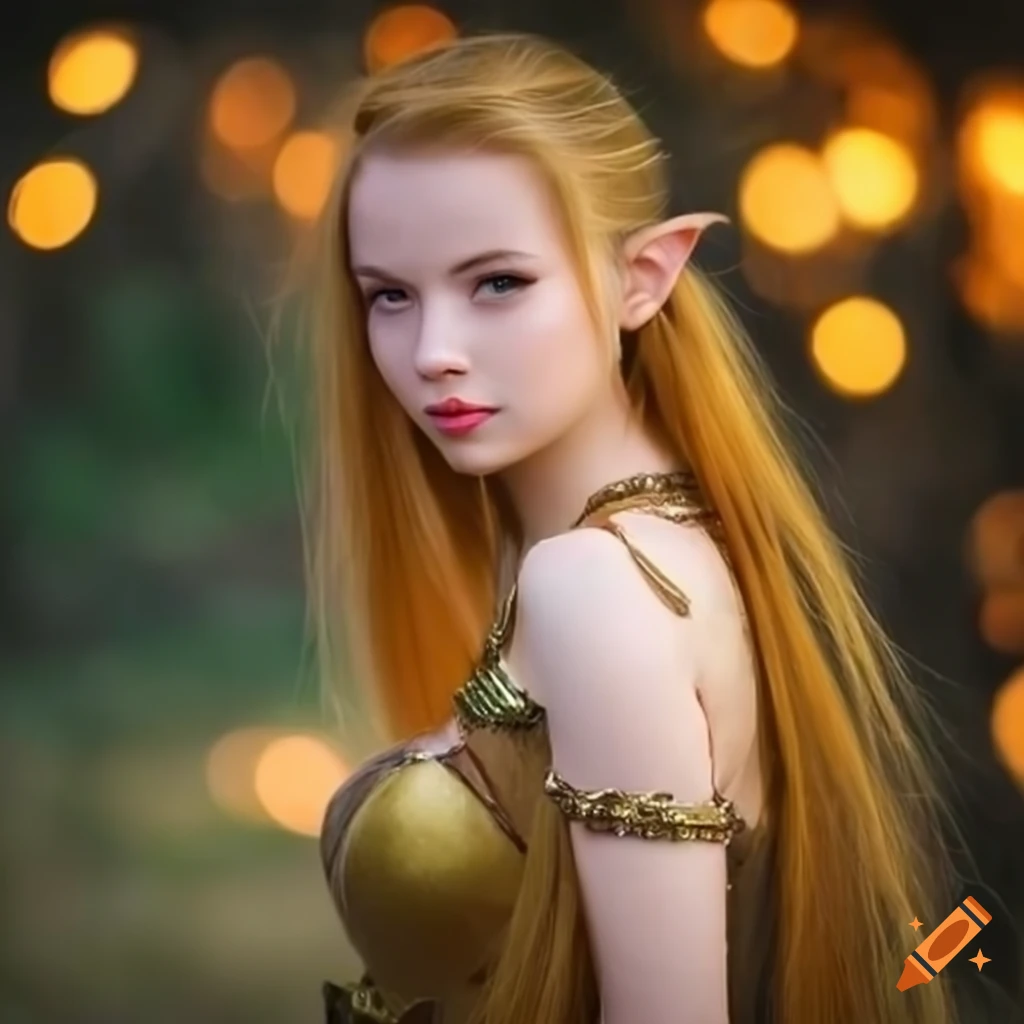 Cosplay of an elegant elf warrior with golden hair and armor on Craiyon
