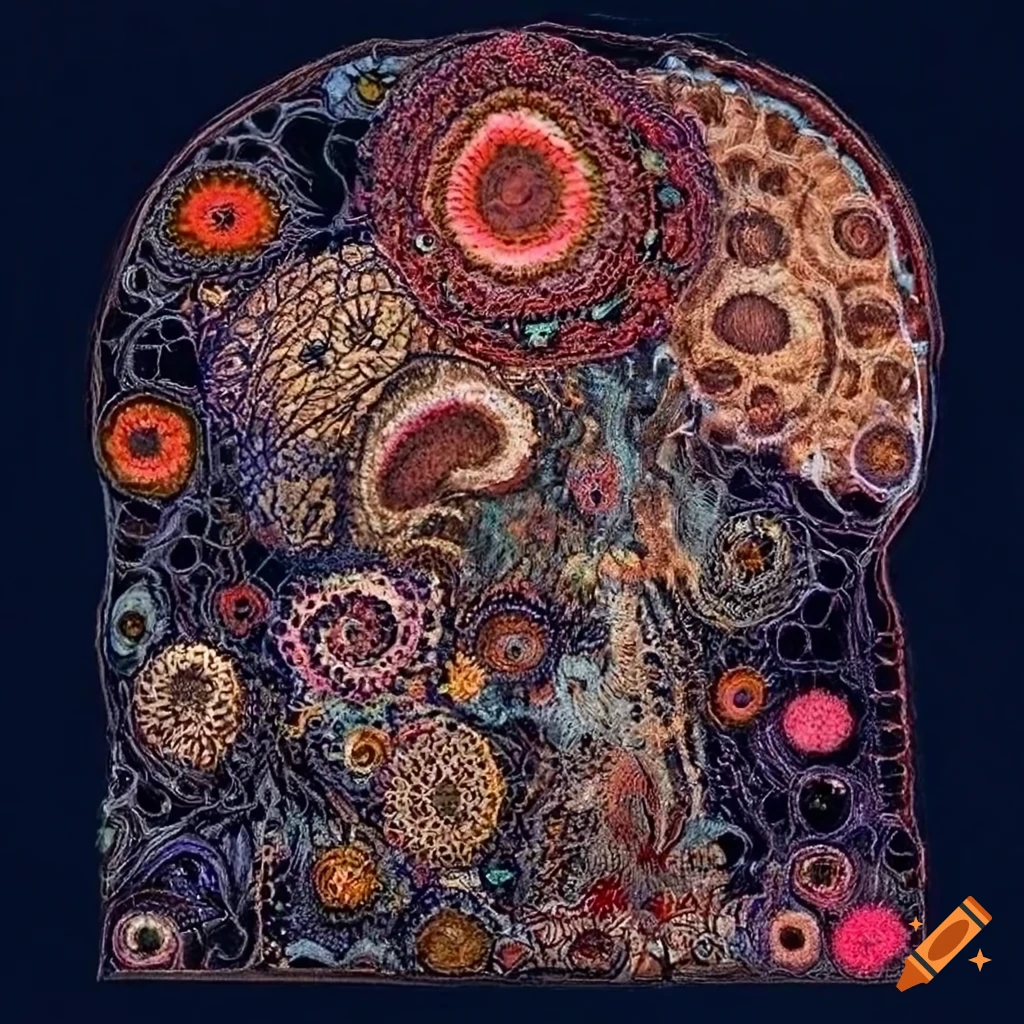 Colourful biopunk embroidery with flower and fungi patterns on Craiyon