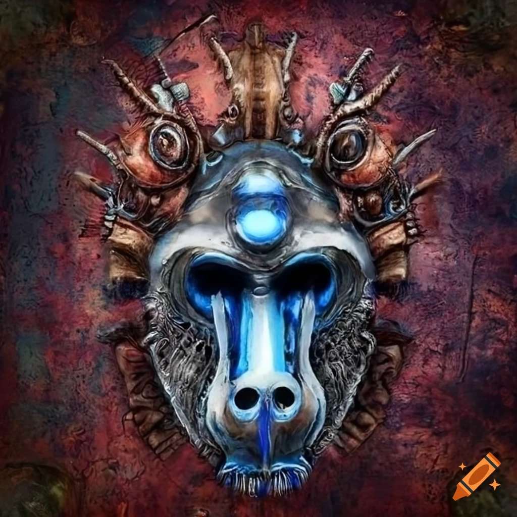 Biomechanical Mandrill steampunk death mask artwork on Craiyon