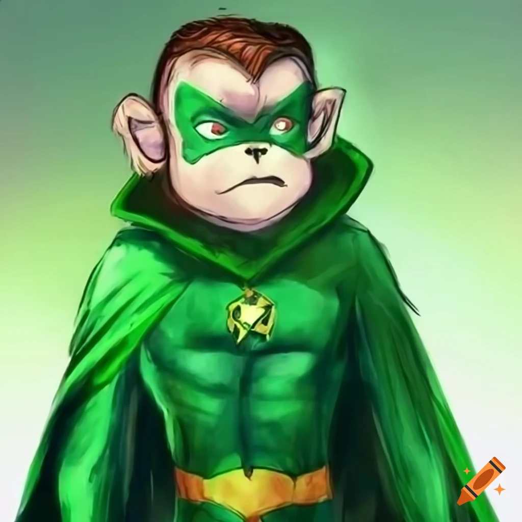 Cute monkey superhero in green and white costume on Craiyon