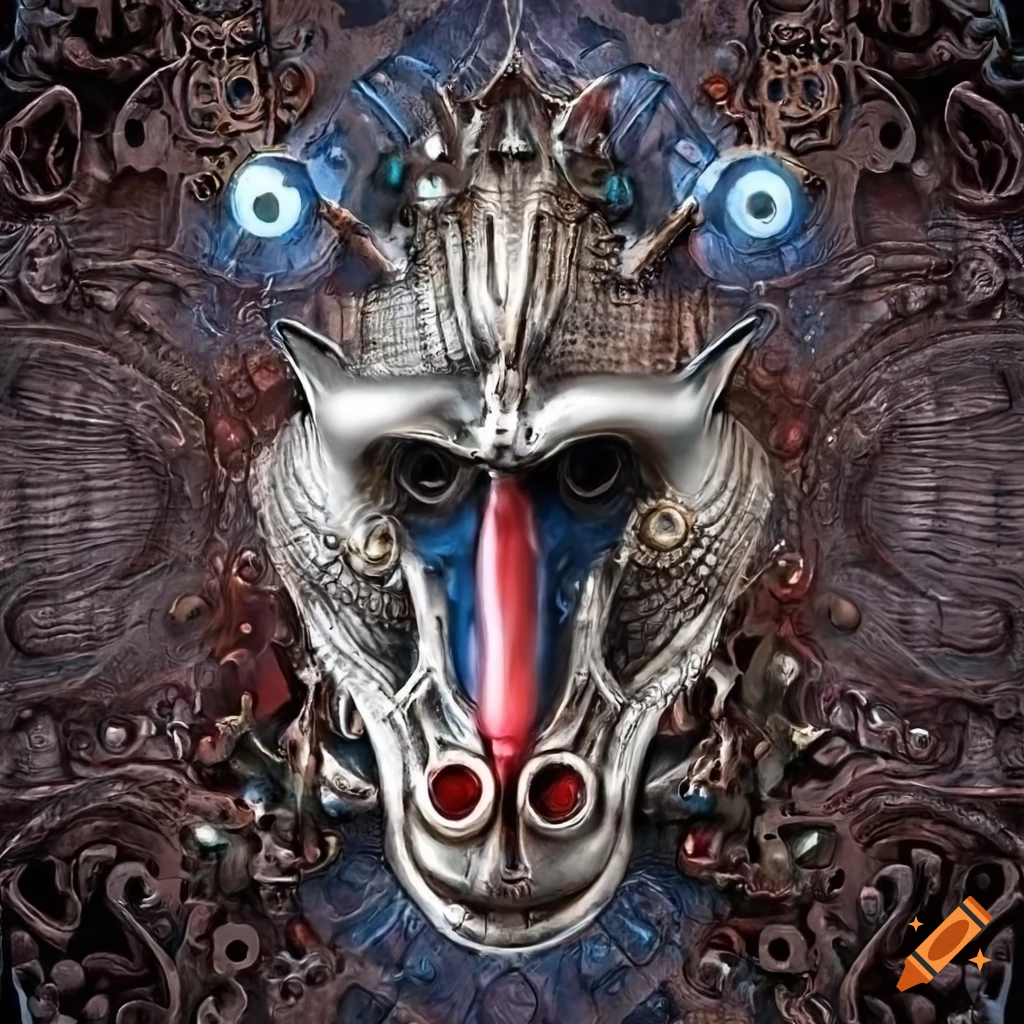 Chrome steampunk mask of a biomechanical mandrill on Craiyon