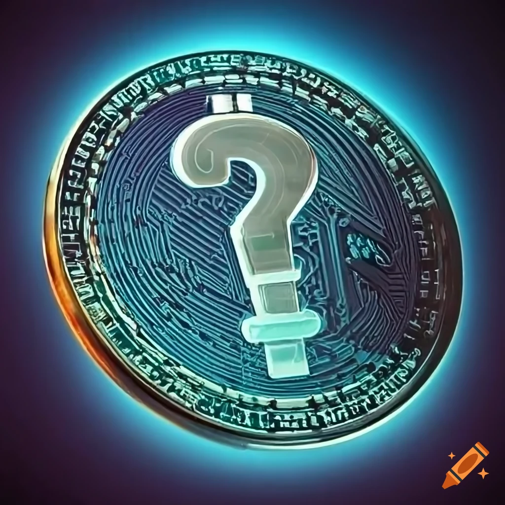 Metallic futuristic crypto coin with engraved question mark on Craiyon