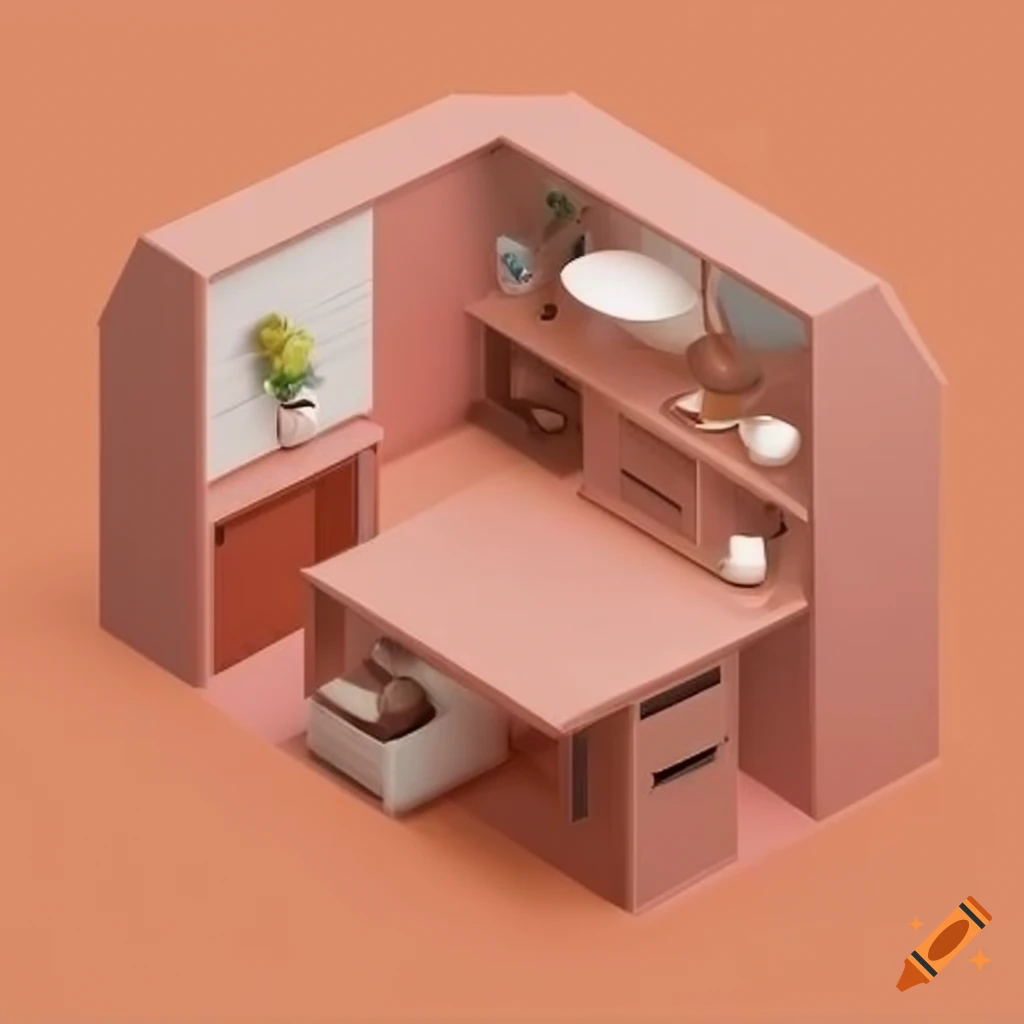 Peach isometric cozy cube room with kitchen and stairs on Craiyon