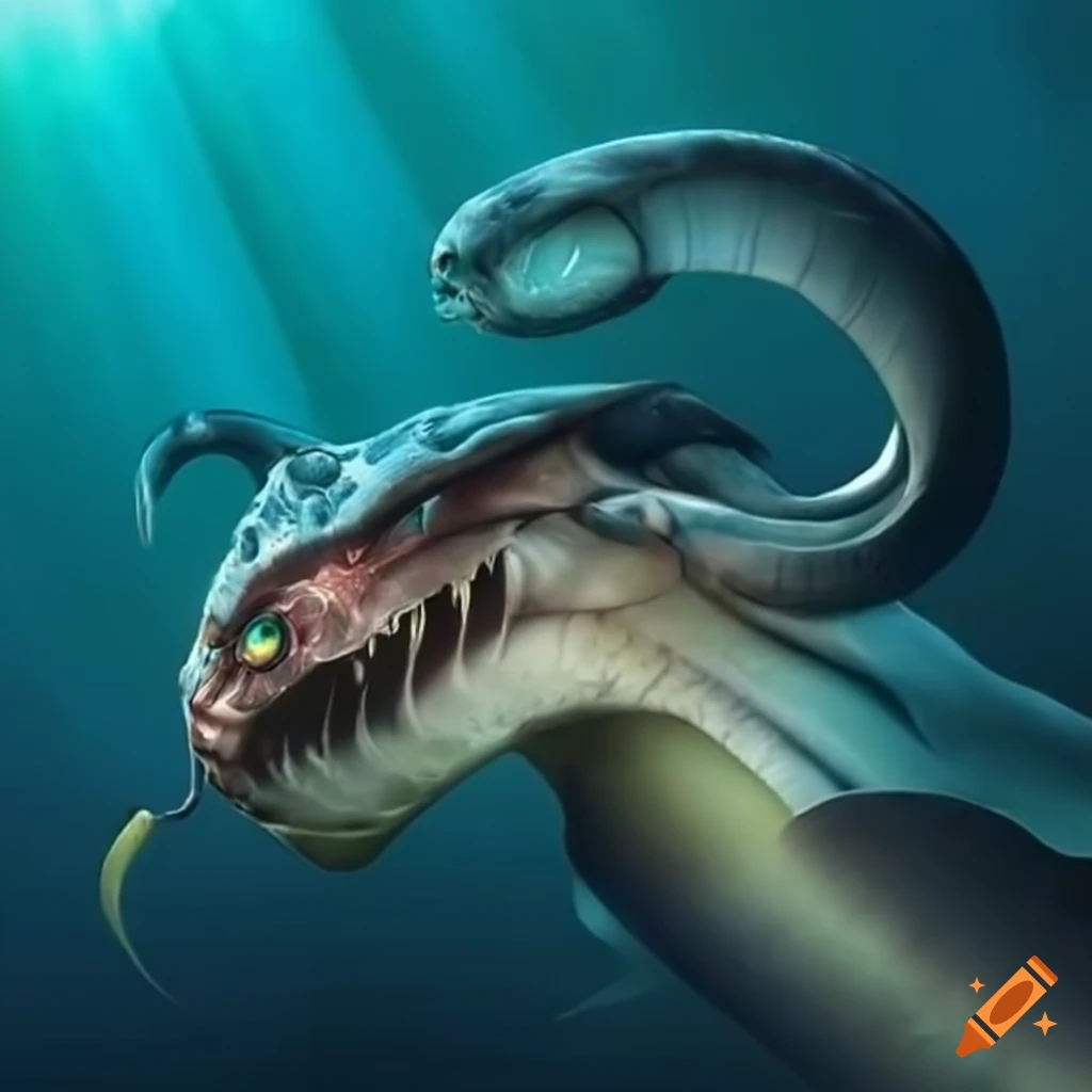 Image of an underwater leviathan with a snake-like appearance on Craiyon
