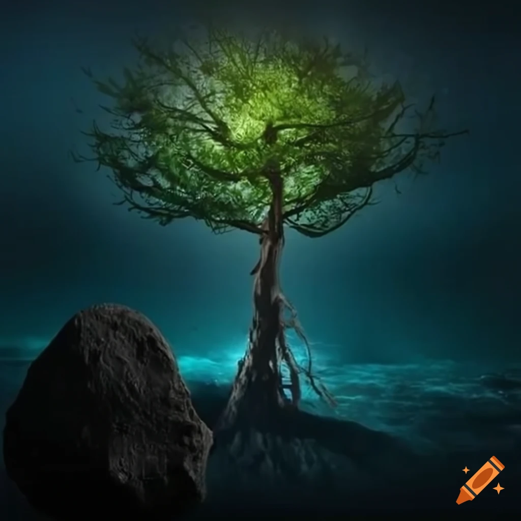 Artistic depiction of trees growing on an asteroid on Craiyon