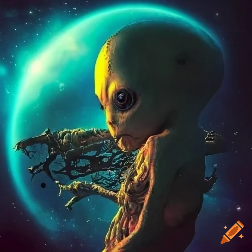 Vintage fantasy cover art with an alien playing synthesizer on Craiyon