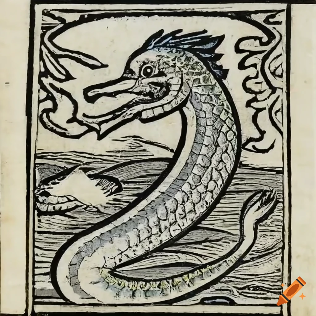 Medieval woodcutting of a sea serpent emerging from the ocean on Craiyon