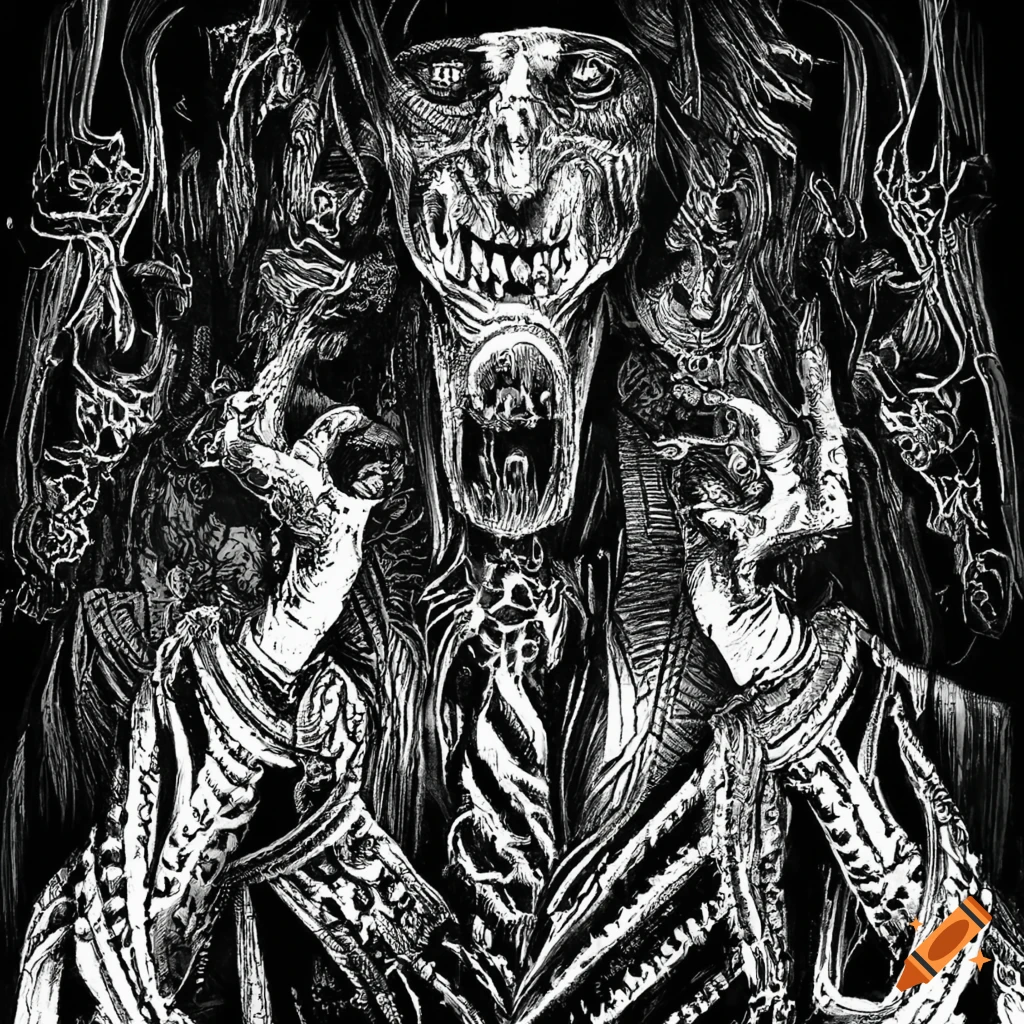 Ink art depicting a scary circus magician on Craiyon