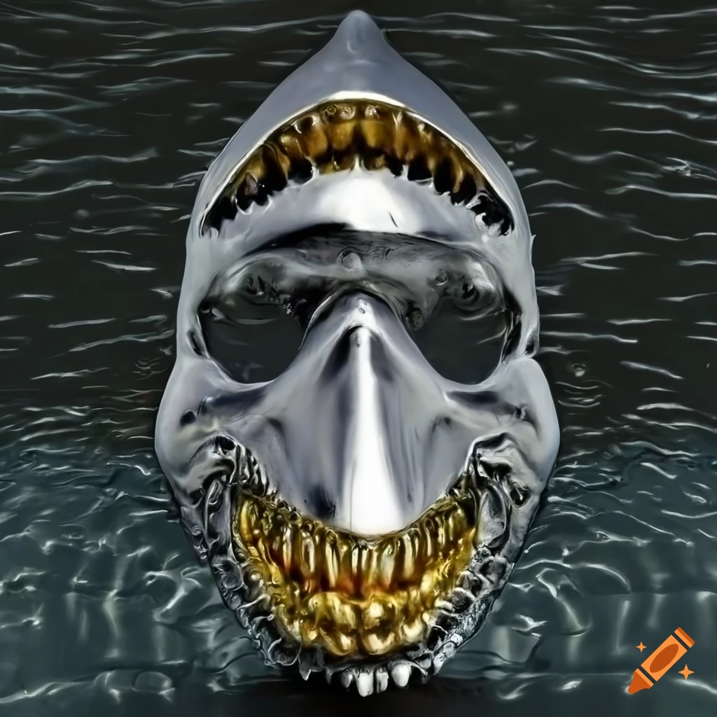 Chrome death mask of a great white shark with gold teeth on Craiyon