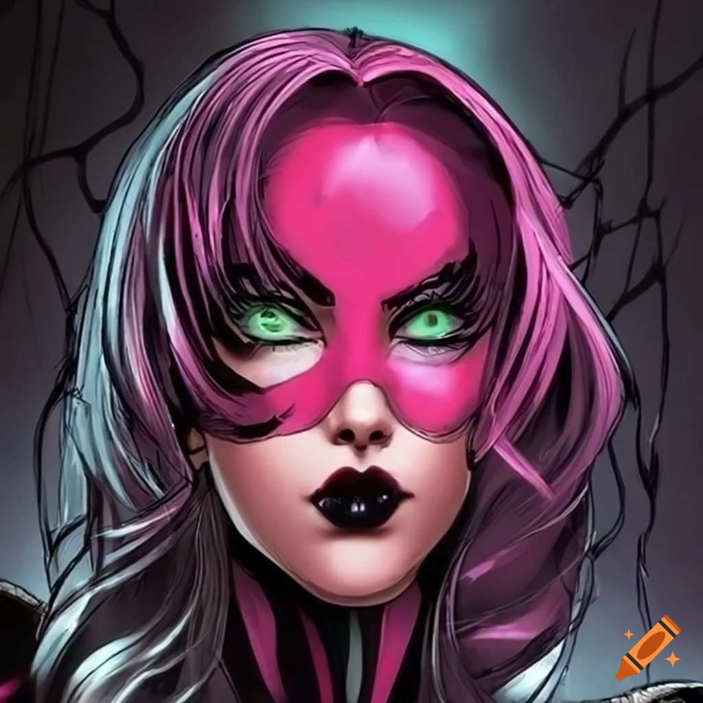 Image of a pink widow spider-woman with black hair and green eyes on ...