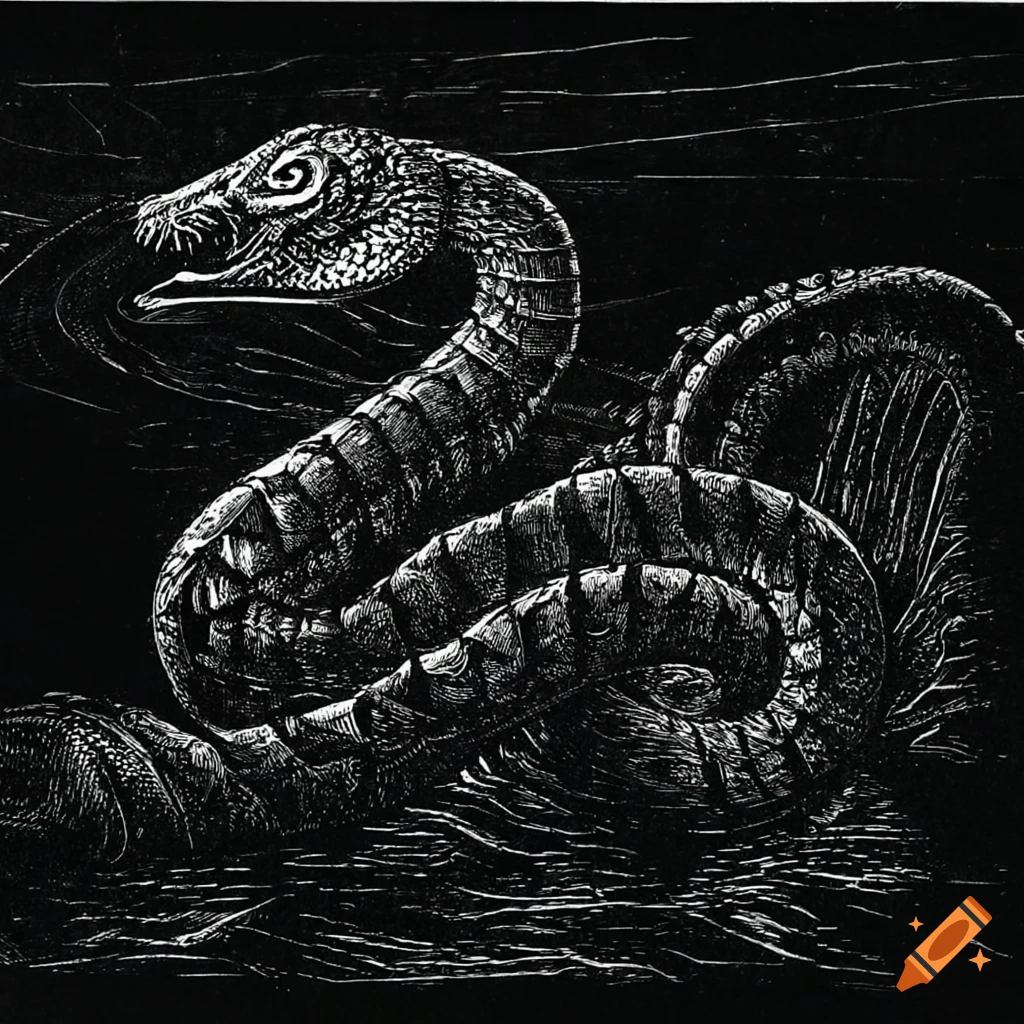 Ancient woodcut of a sea serpent emerging from the deep waters