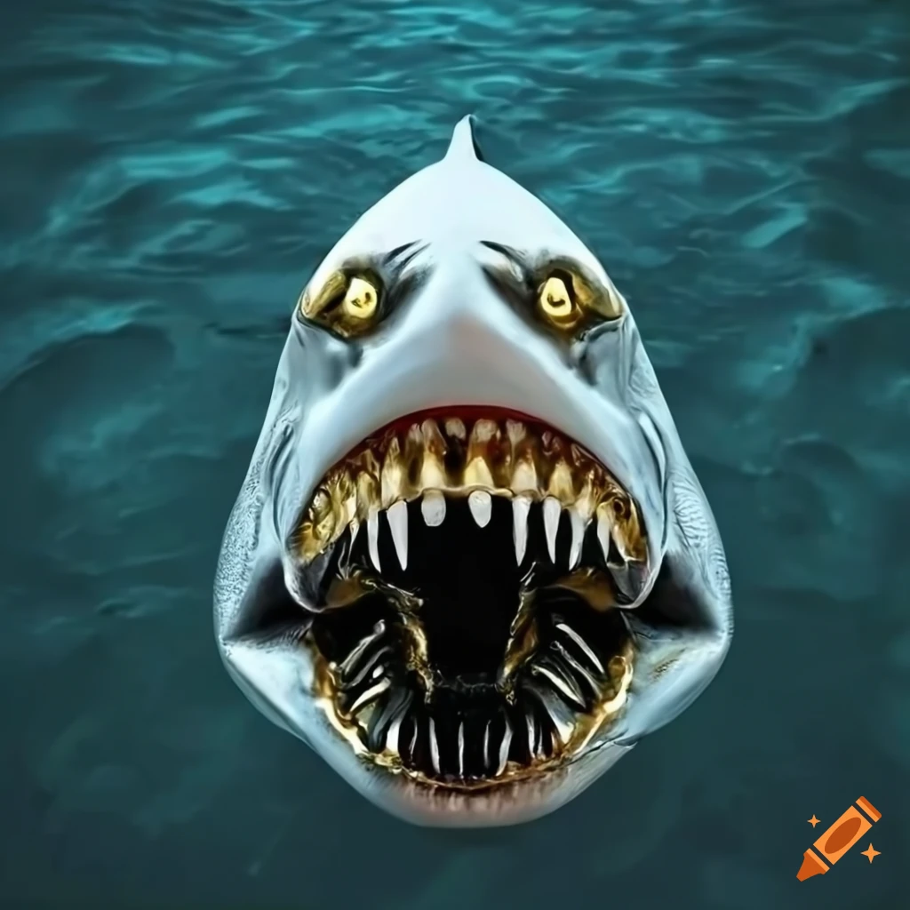 Chrome death mask of a Great White Shark by Giger on Craiyon