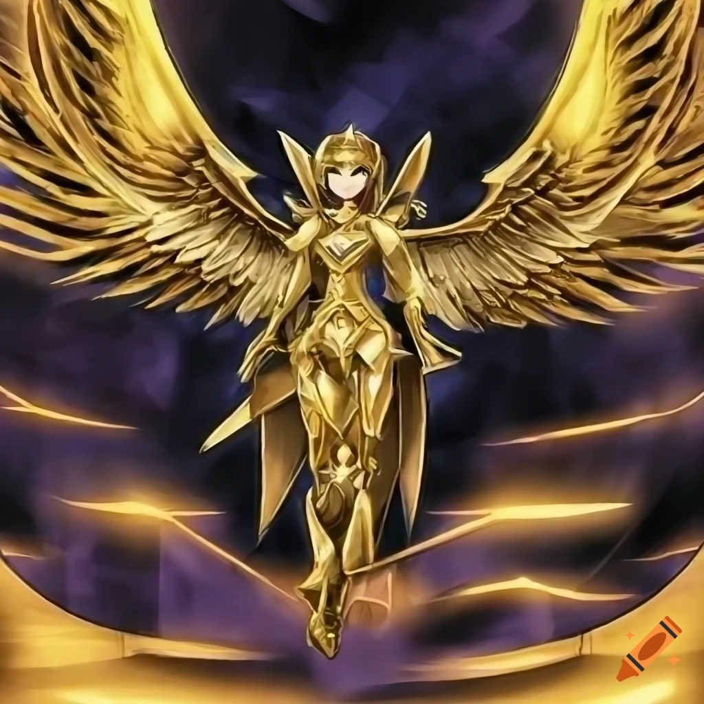 Yugioh card art of a golden-winged female archangel on Craiyon