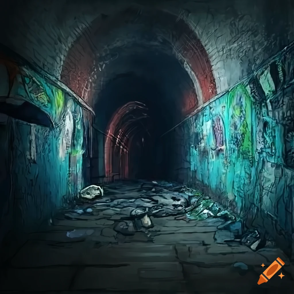 Dark sewer tunnel with water and trash on Craiyon