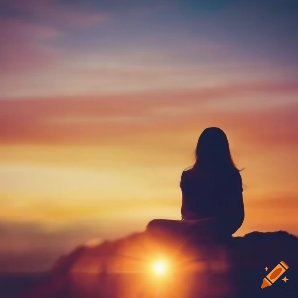 Girl sitting alone at sunset on Craiyon