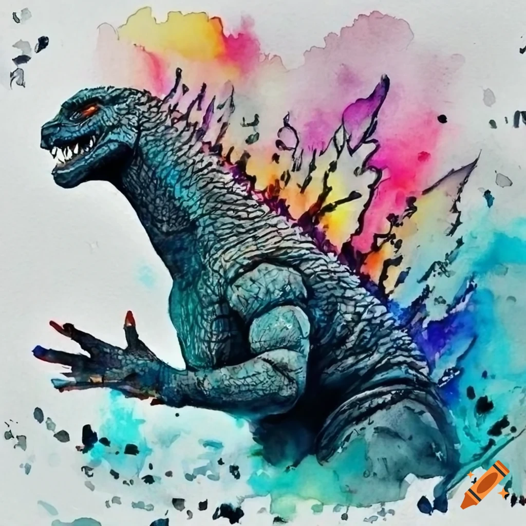 Colorful watercolor painting of godzilla