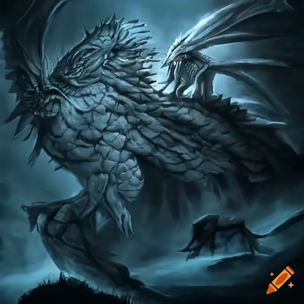 Image of a silver dragon facing a group of adventurers in a blizzard on ...
