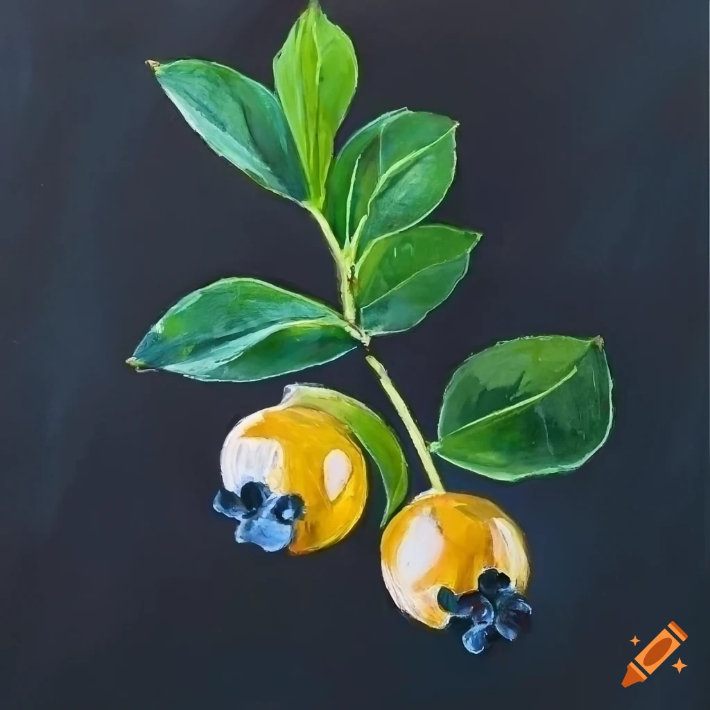 Acrylic painting of golden blueberries on a black background