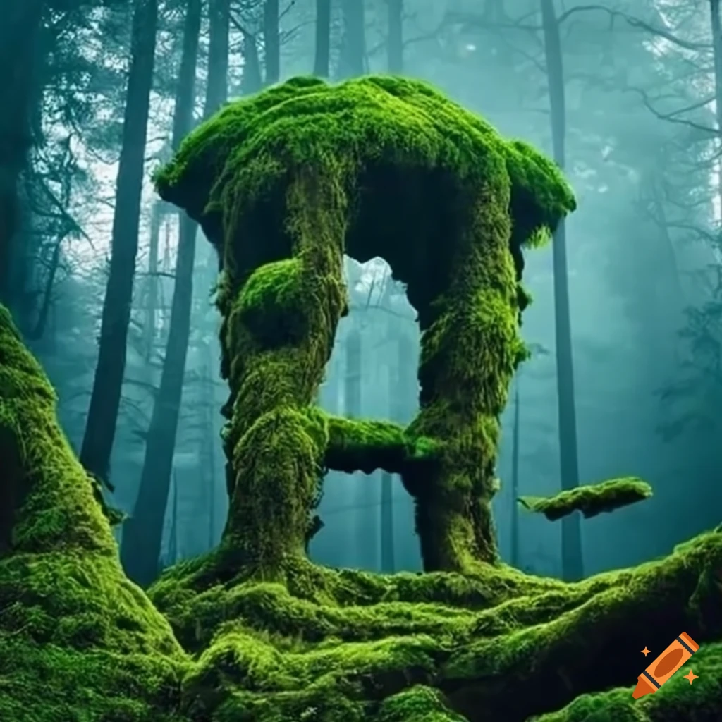 City covered in moss and buildings shaped like trees on Craiyon