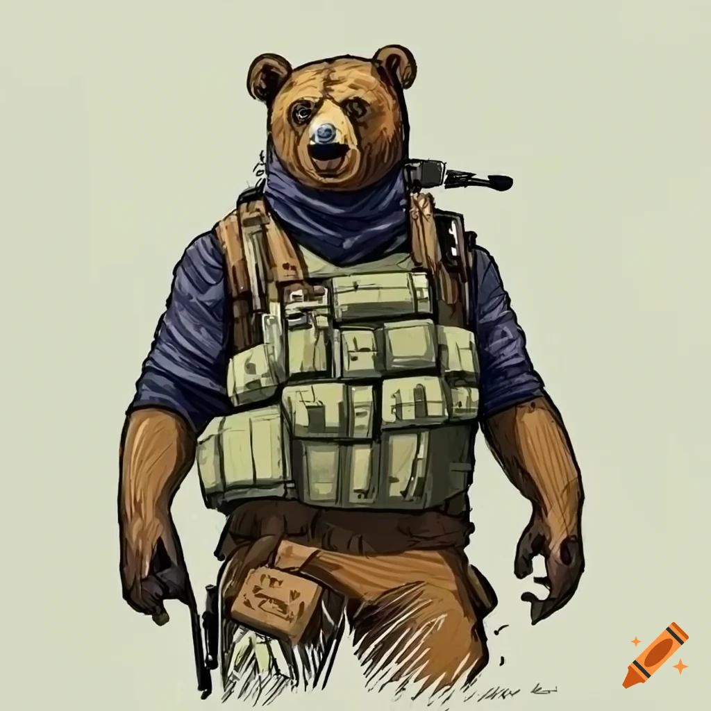 Comic book style illustration of a friendly brown bear in tactical gear ...