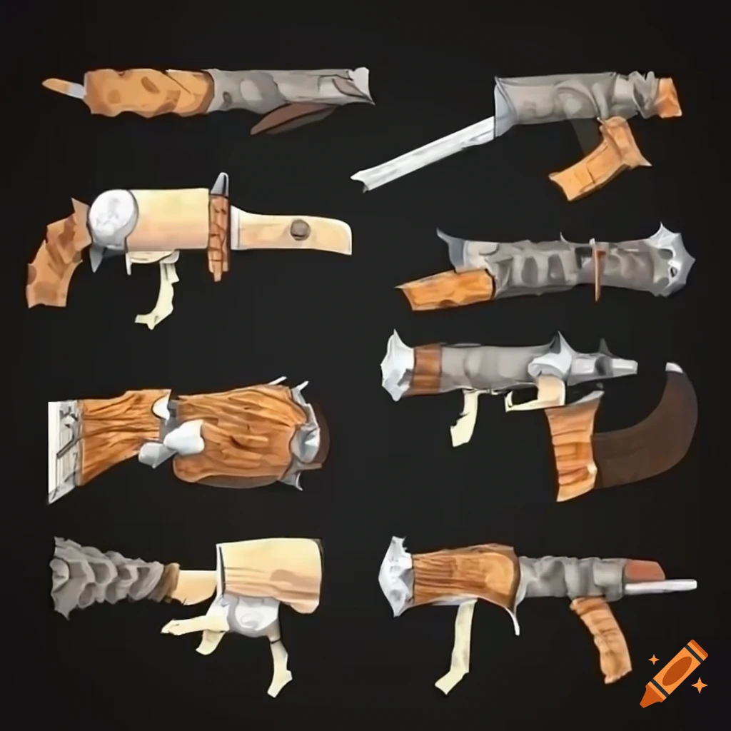 Cartoon weapons made with bones and animal skins on Craiyon