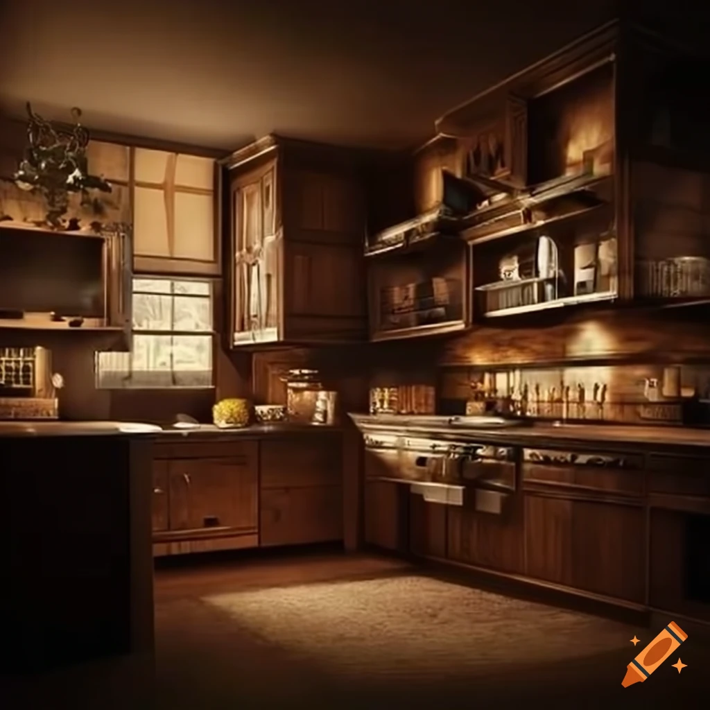 Fantasy-style combined kitchenette, living room, and workspace on Craiyon