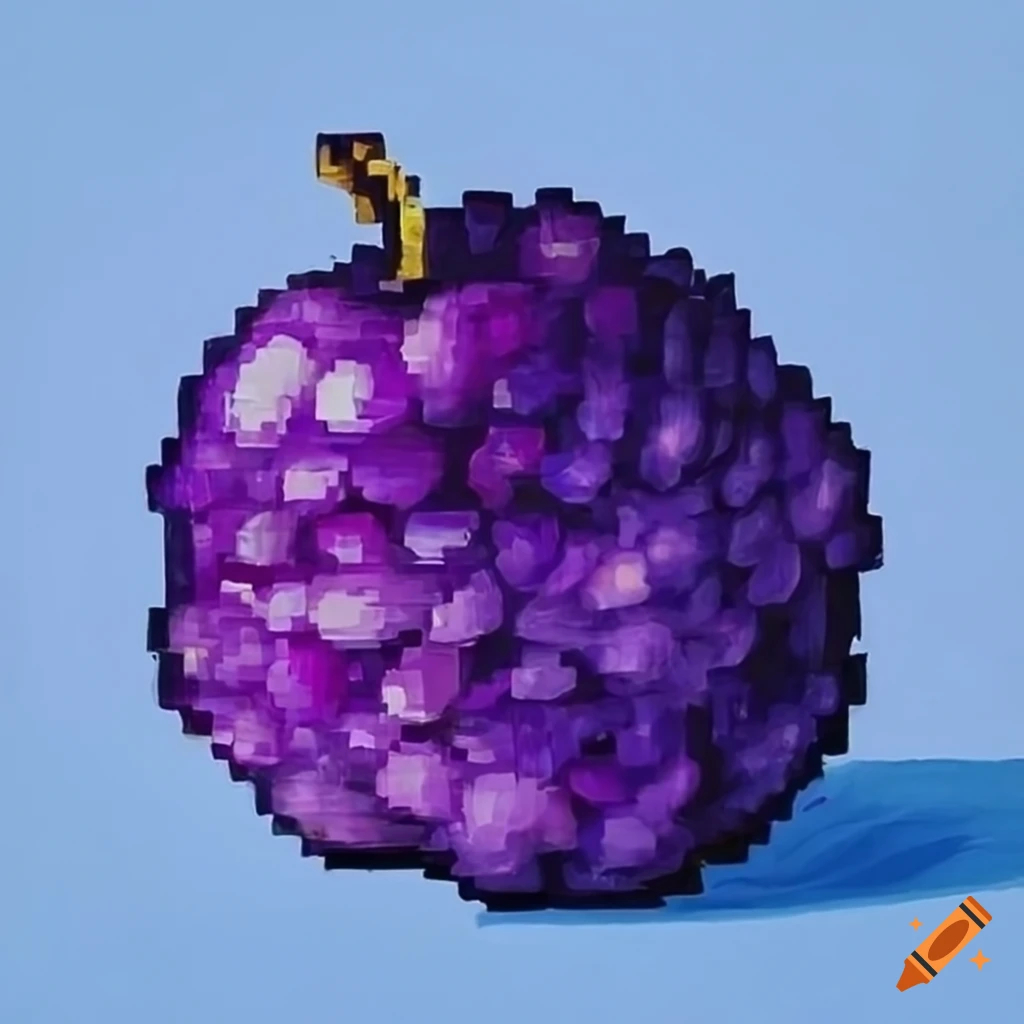 Pixelated acrylic painting of purple fruit popping like popcorn on Craiyon