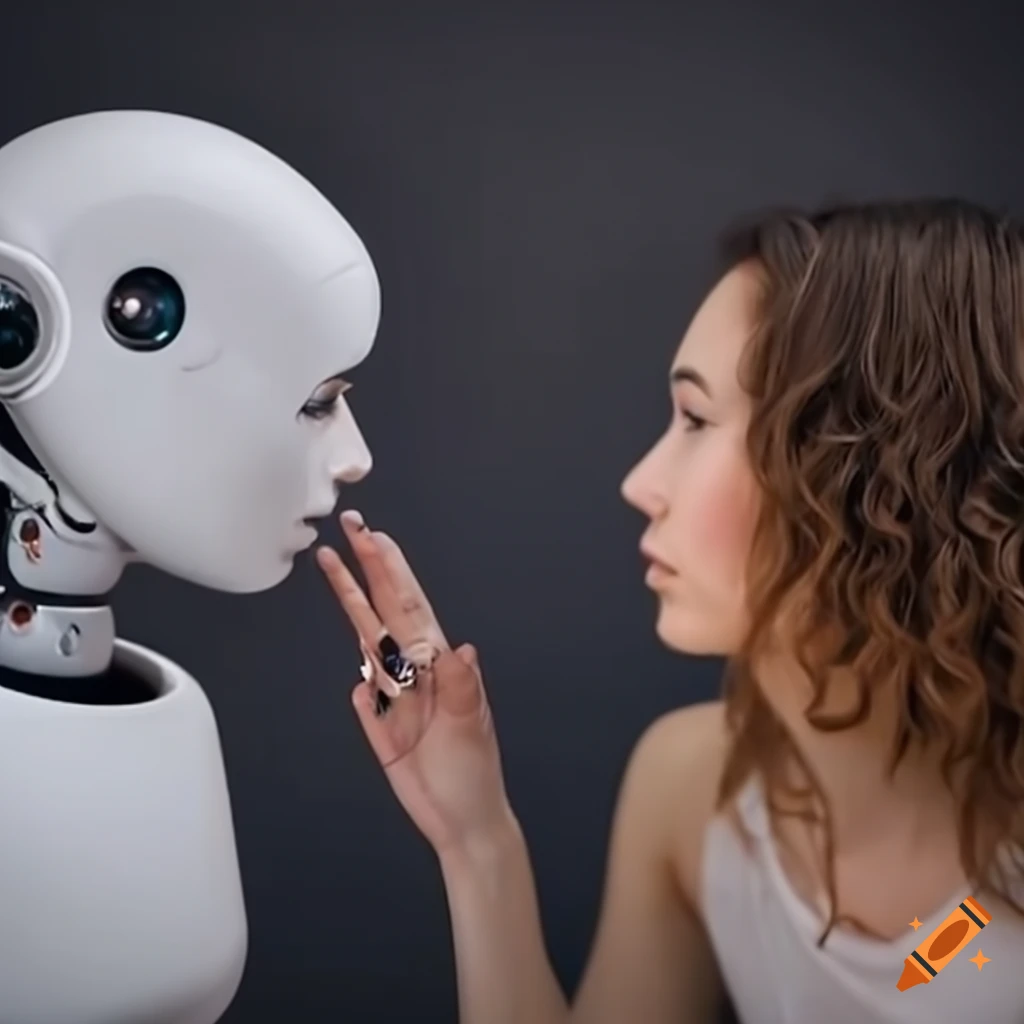Woman and ai robot making eye contact on Craiyon