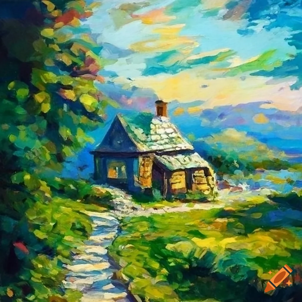 Impressionism illustration of a fantasy house and lush vegetation on ...