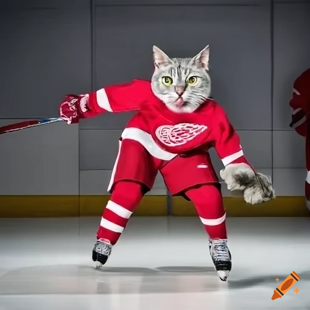 Anthropomorphic cat playing hockey in detroit red wings uniform on Craiyon
