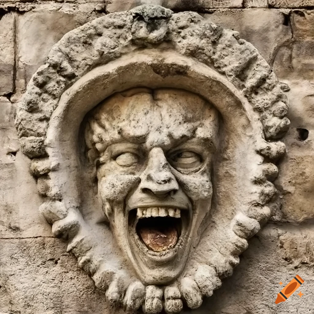 Grotesque stone face on a wall in an italian town