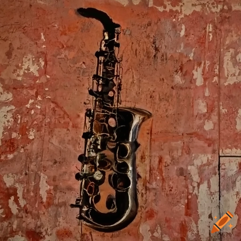 Paint-covered castle wall with a hanging saxophone on Craiyon