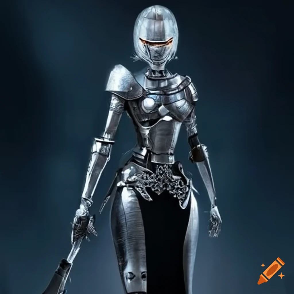 Fantasy artwork of a silver knight walking towards a robot on Craiyon