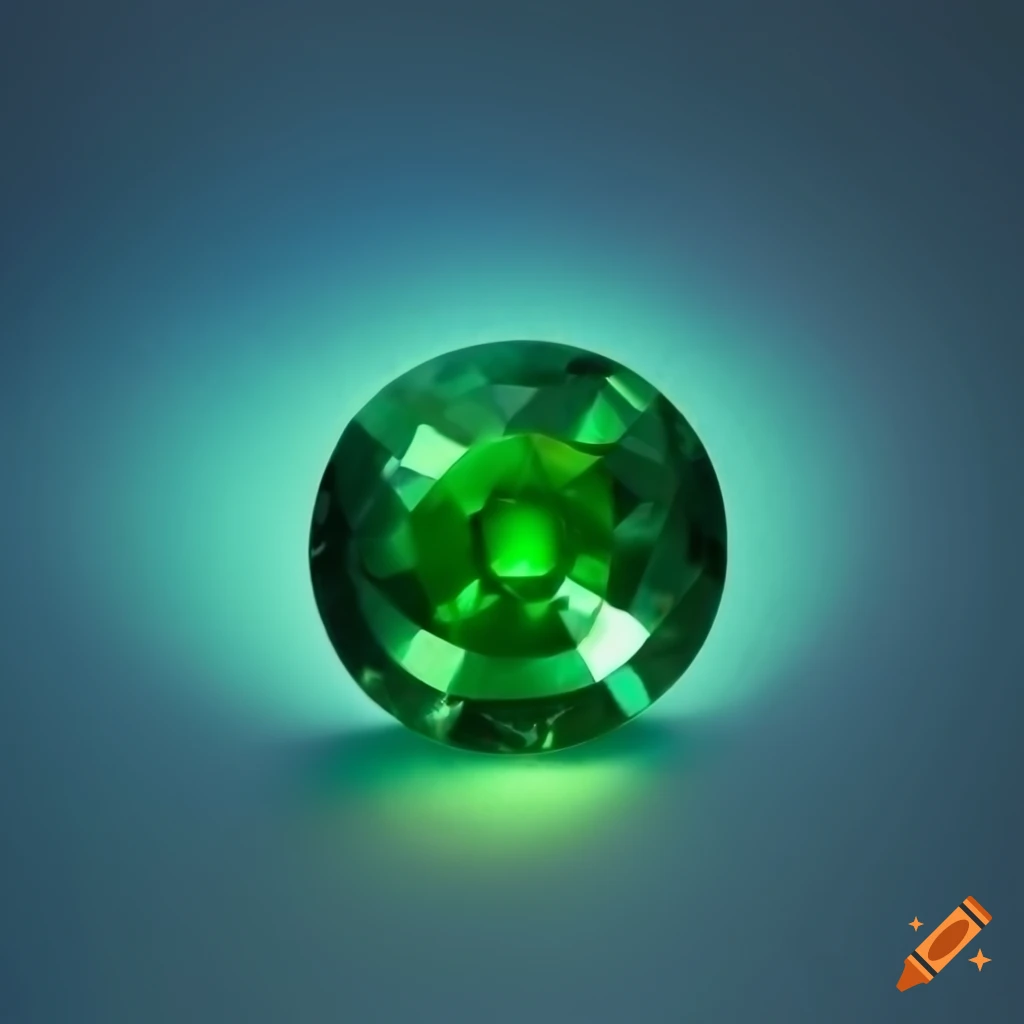 Green round gem on a light blue background
