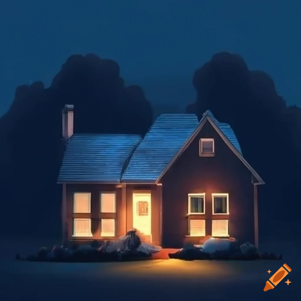 Suburban house at night with lights on on Craiyon